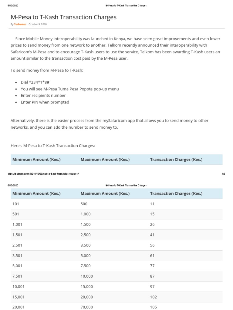 M-Pesa To T-Kash Transaction Charges | PDF | Telecommunications ...