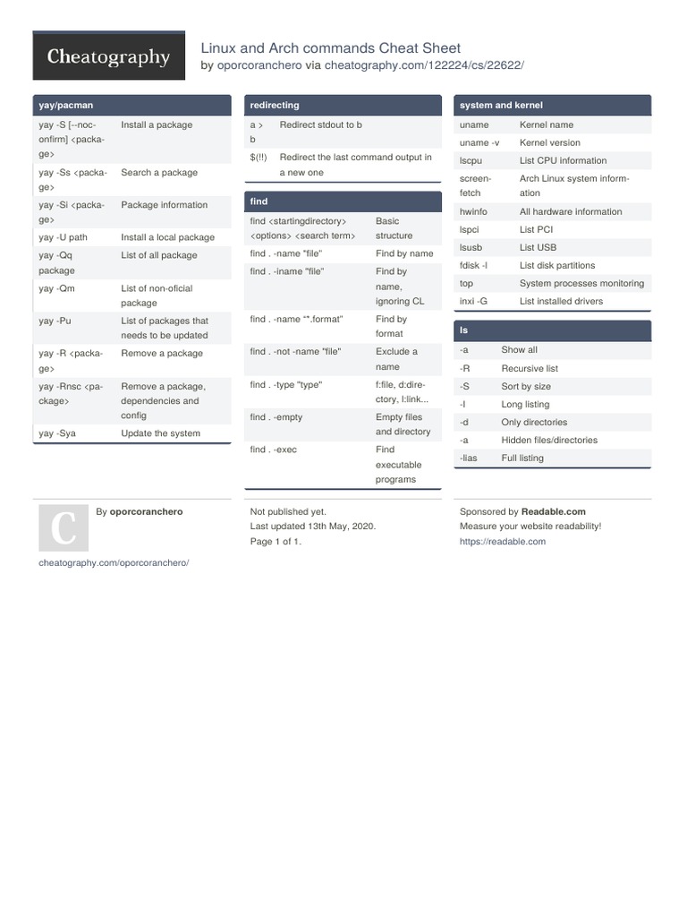Linux and Arch Commands Cheat Sheet: by Via | PDF