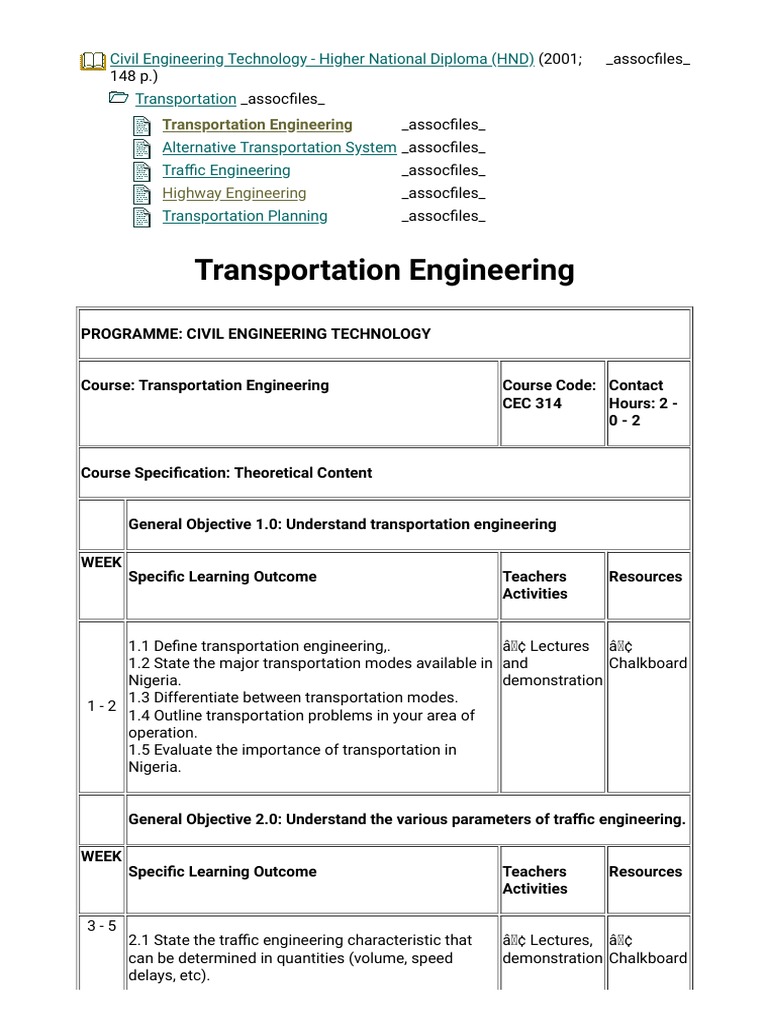 HND Transportation Engineering Curriculum | PDF | Engineering | Transport