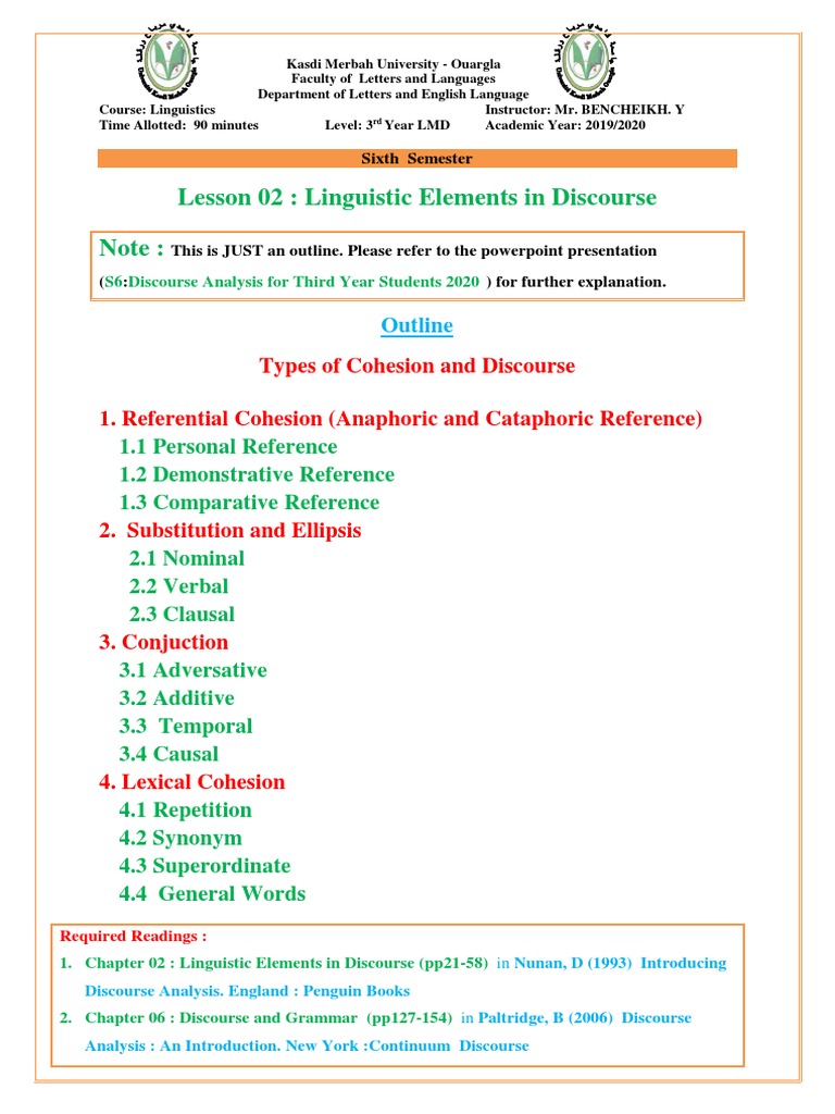 Lesson 02 Linguistic Elements in Discourse | PDF