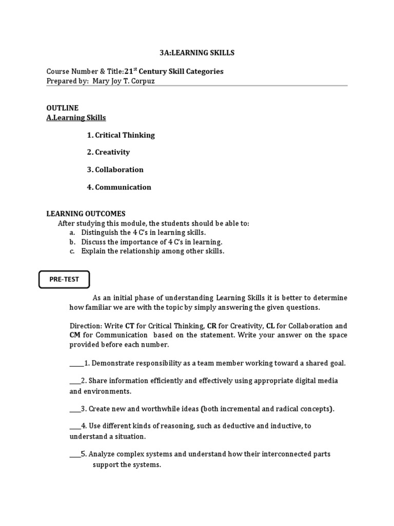 3A:Learning Skills Century Skill Categories | PDF | Critical Thinking ...