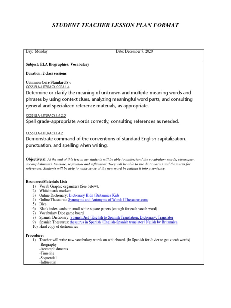 Student Teacher Lesson Plan Format | PDF | Vocabulary | Dictionary