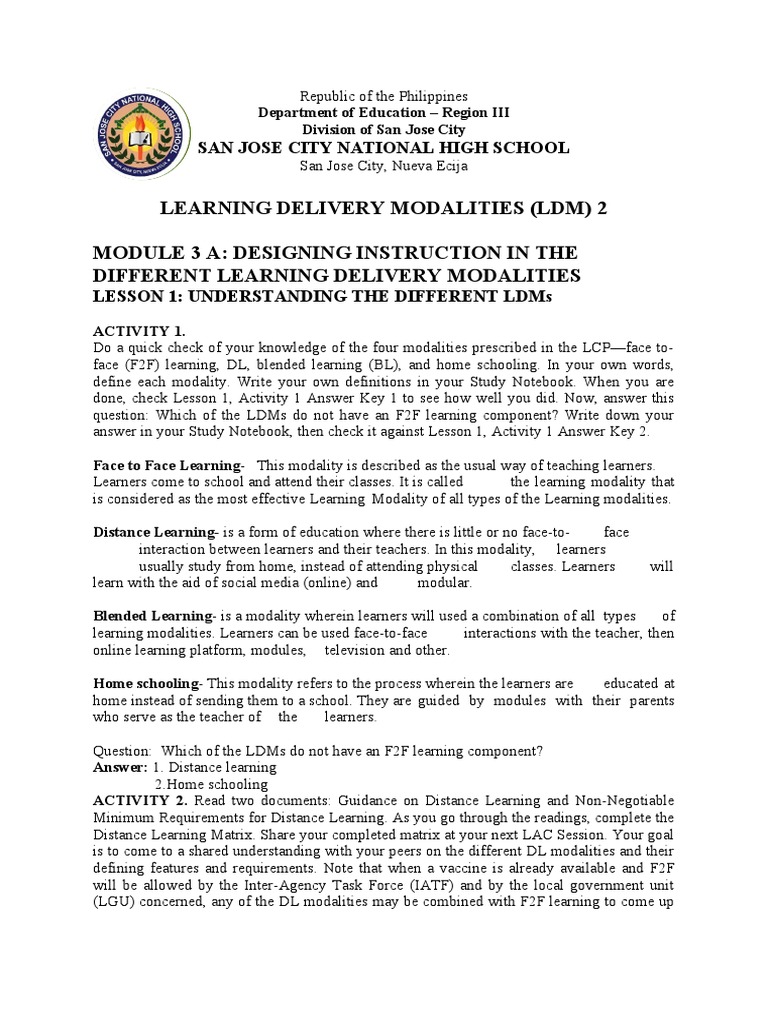 Learning Delivery Modalities (LDM) 2 Module 3 A: Designing Instruction ...
