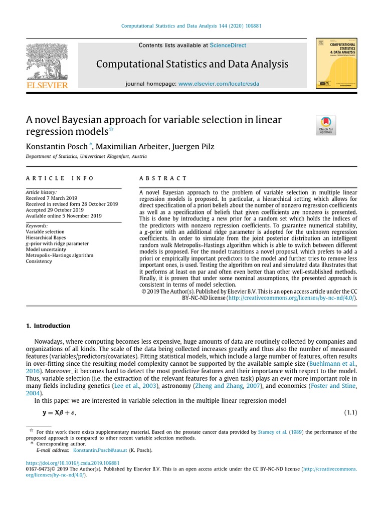 A Novel Bayesian Approach For Variable Selection in Linear Regression Models | Download Free PDF ...