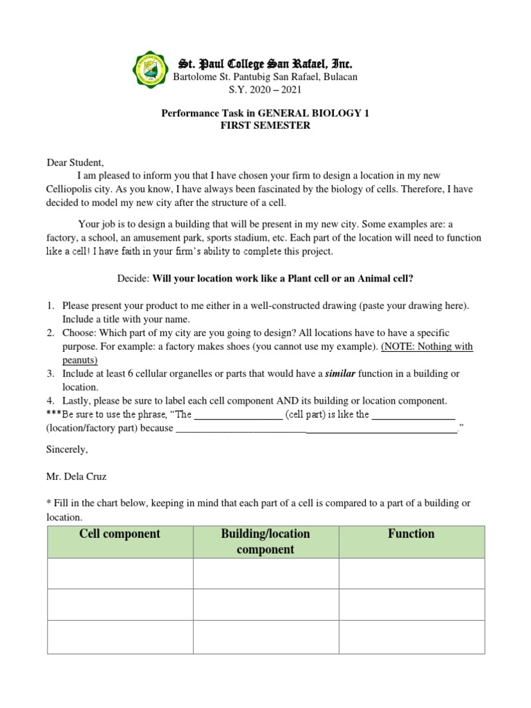 General Biology 1 Performance Task | PDF | Organelle | Cell (Biology)