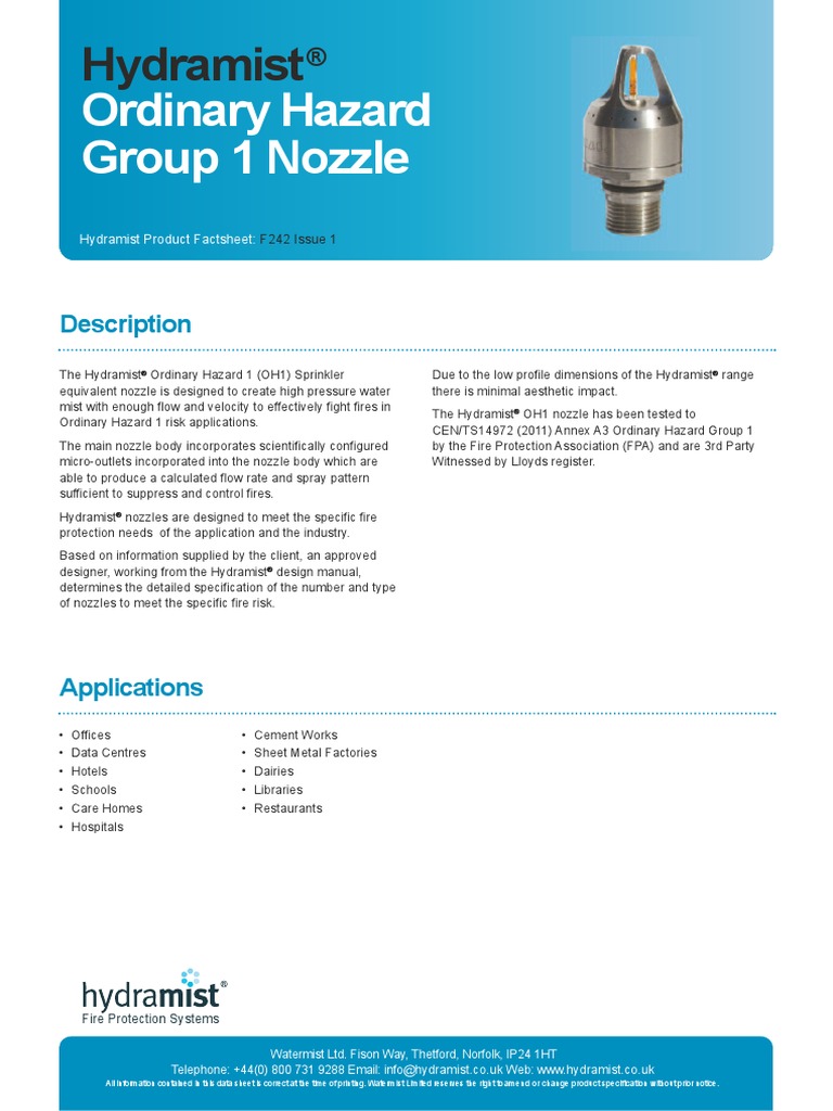 Ordinary Hazard Group 1 Nozzle: Hydramist | PDF | Fire Sprinkler System ...