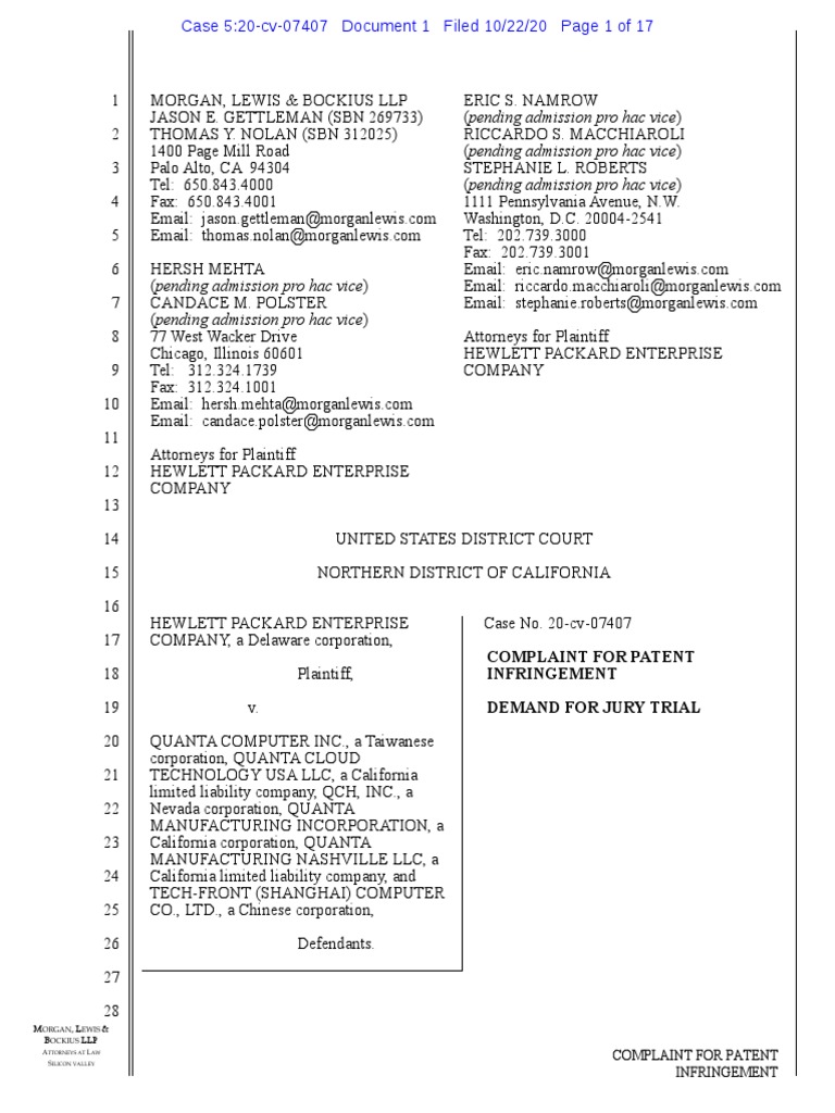 Hewlett Packard Enter. v. Quanta Computer - Complaint (Sans Exhibits ...