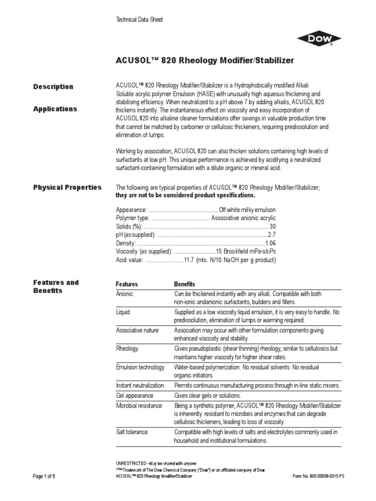 ACUSOL™ 820 Rheology Modifier/Stabilizer: Description Applications ...