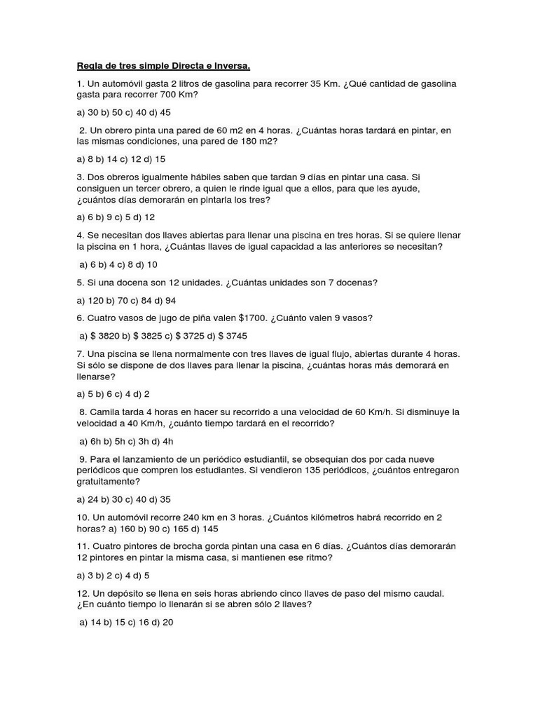 Regla de Tres Simple Directa e Inversa | PDF