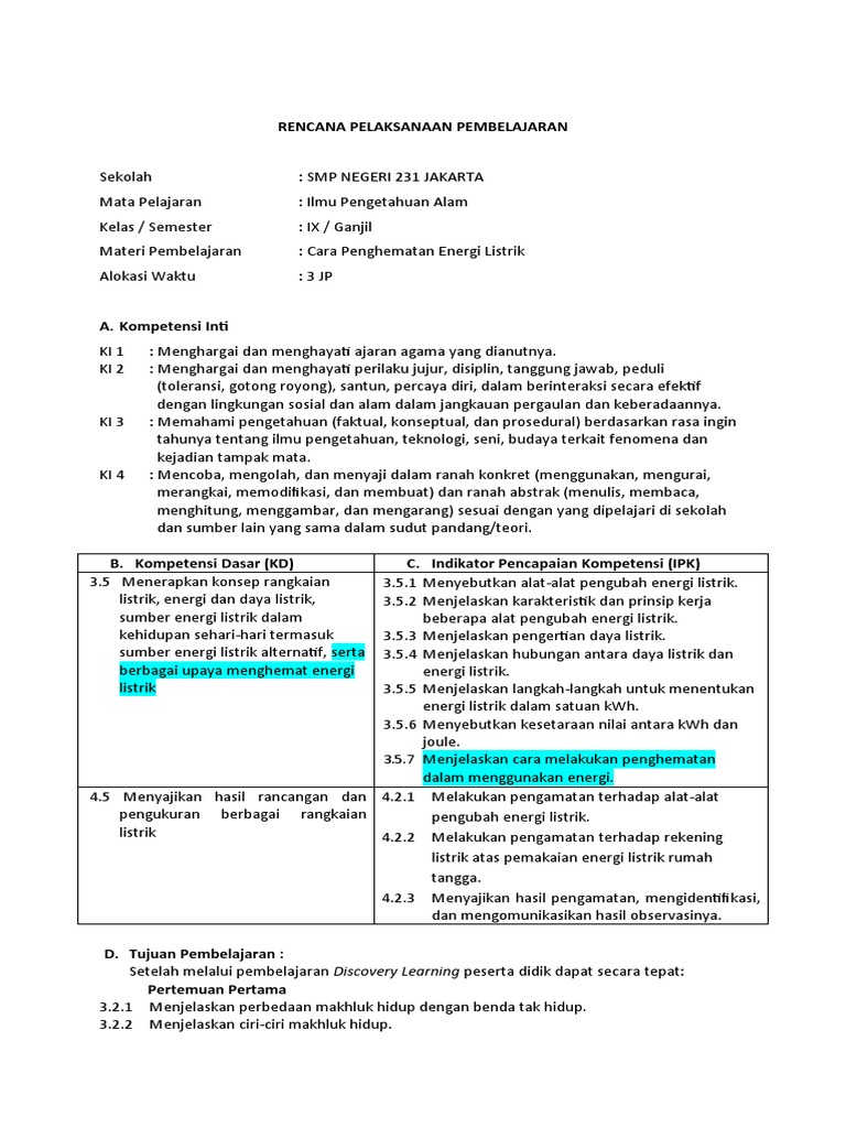 RPP KD 3 - 5 - Hemat Energi Adiwiyata | PDF