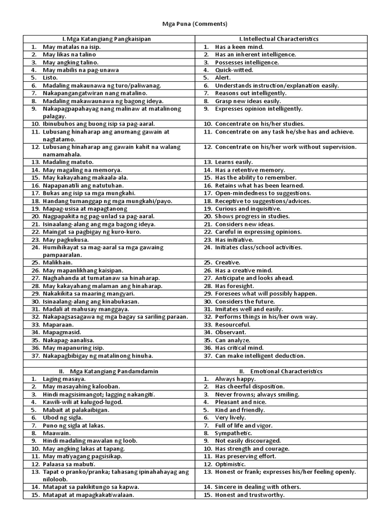 Mga Puna (Comments) - Form 138 Report Card (Old) | PDF | Mental Processes | Behavioural Sciences