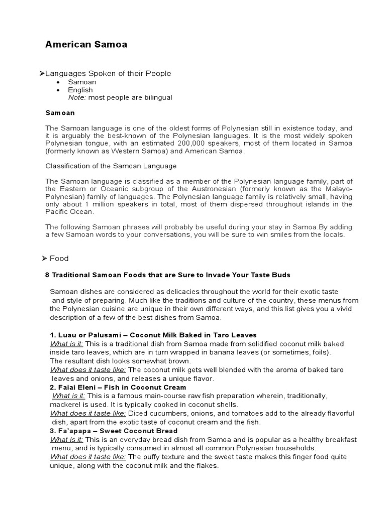 American Samoan Written Report | PDF | Samoa | Food And Drink Preparation
