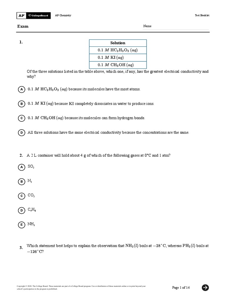 Solution: AP Chemistry Test Booklet | PDF | Intermolecular Force ...