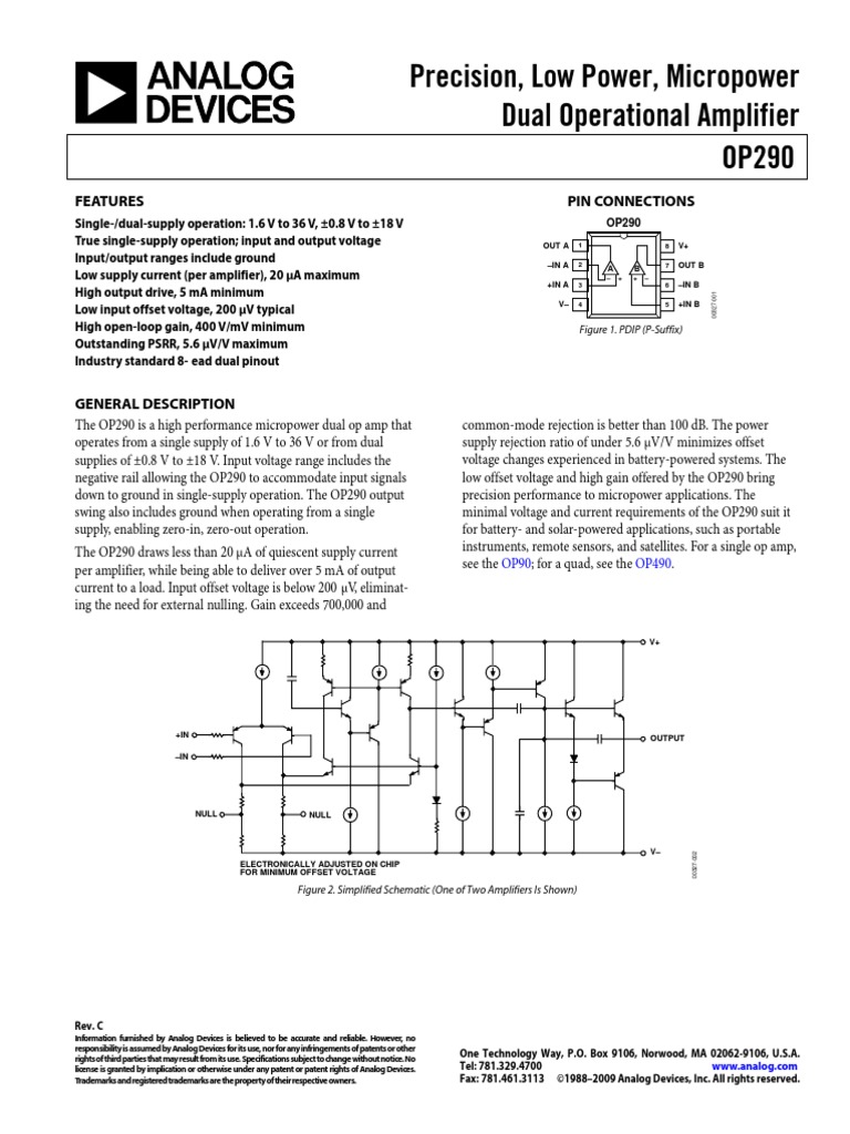 Precision, Low Power, Micropower Dual Operational Amplifier OP290 | PDF ...