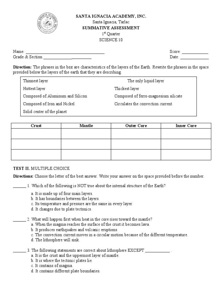 Grade 10 Science: Plate Tectonics Exam | PDF | Plate Tectonics ...