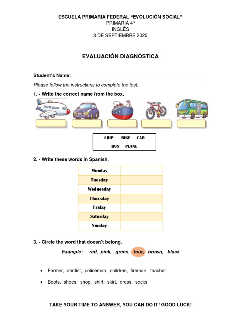 Evaluación Diagnóstica: Primaria 4° Inglés 3 de Septiembre 2020 | PDF