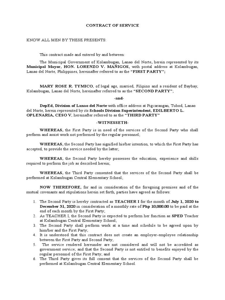 Contract of Service Teacher LGU Paid | PDF | Private Law | Social ...