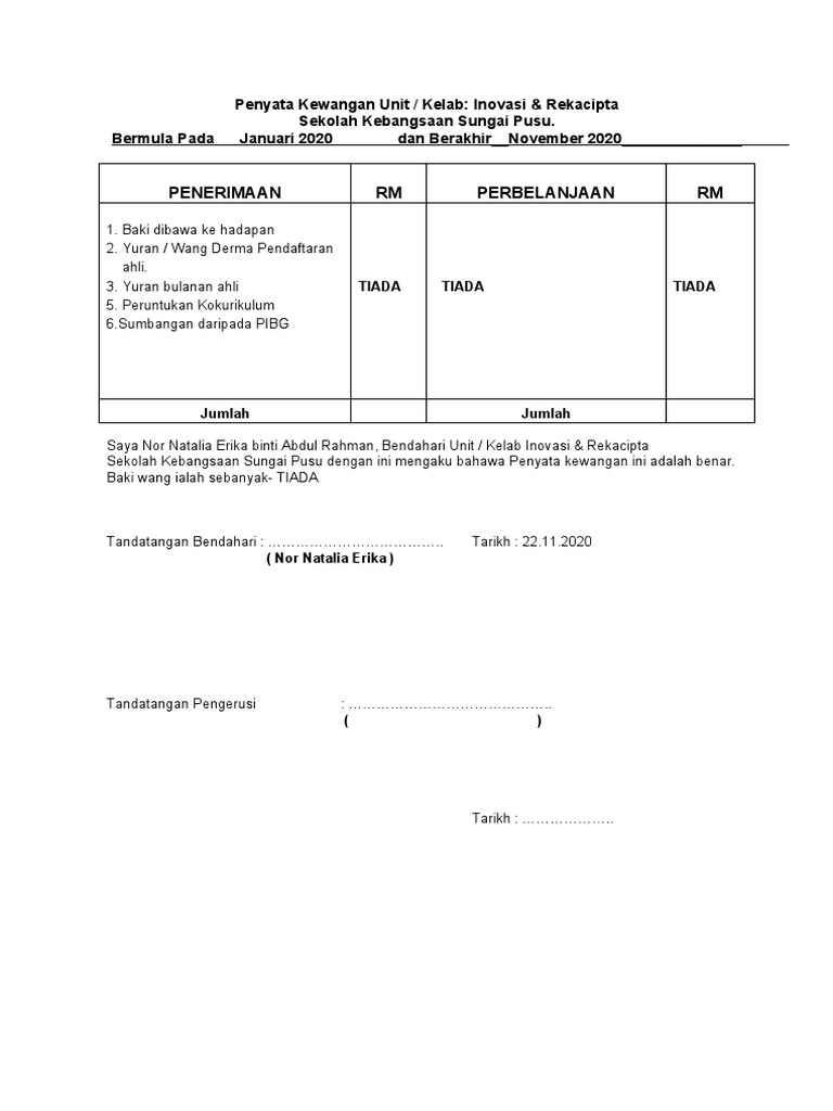 Penyata Kewangan Kelab Rekacipta | PDF
