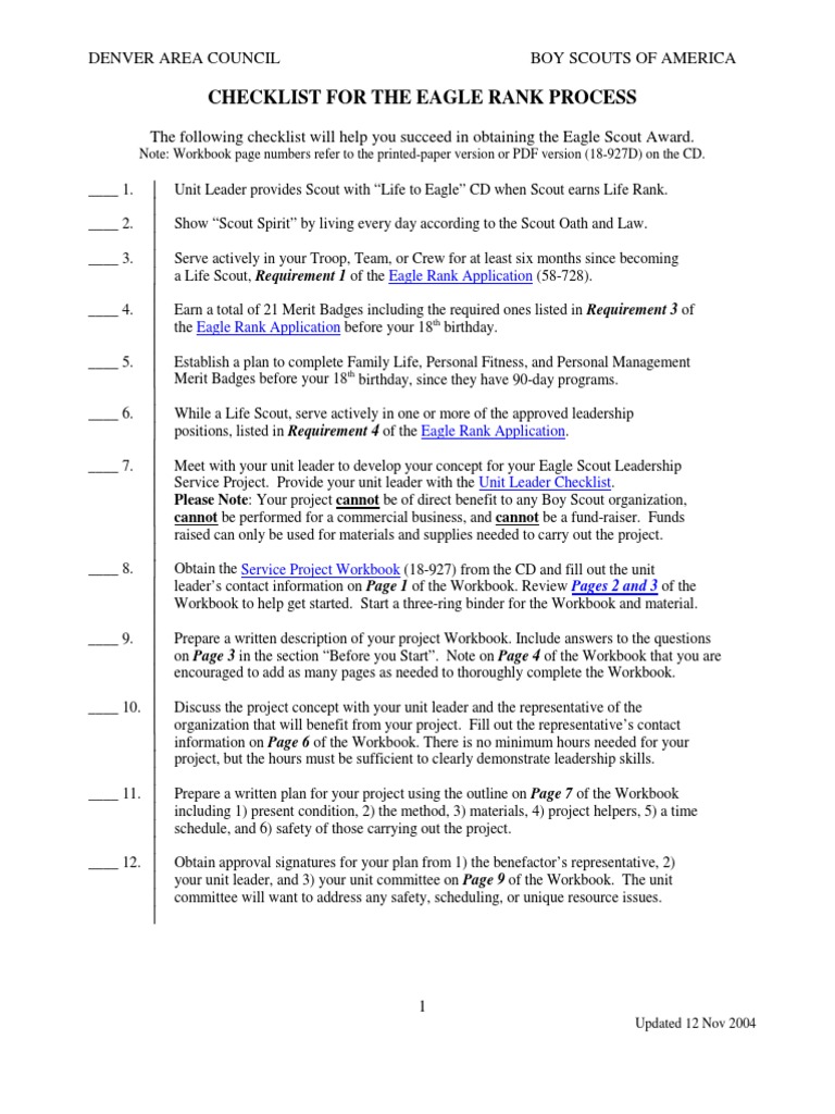 Denver Area Council Eagle Checklist | PDF | Scouting | Youth Movements