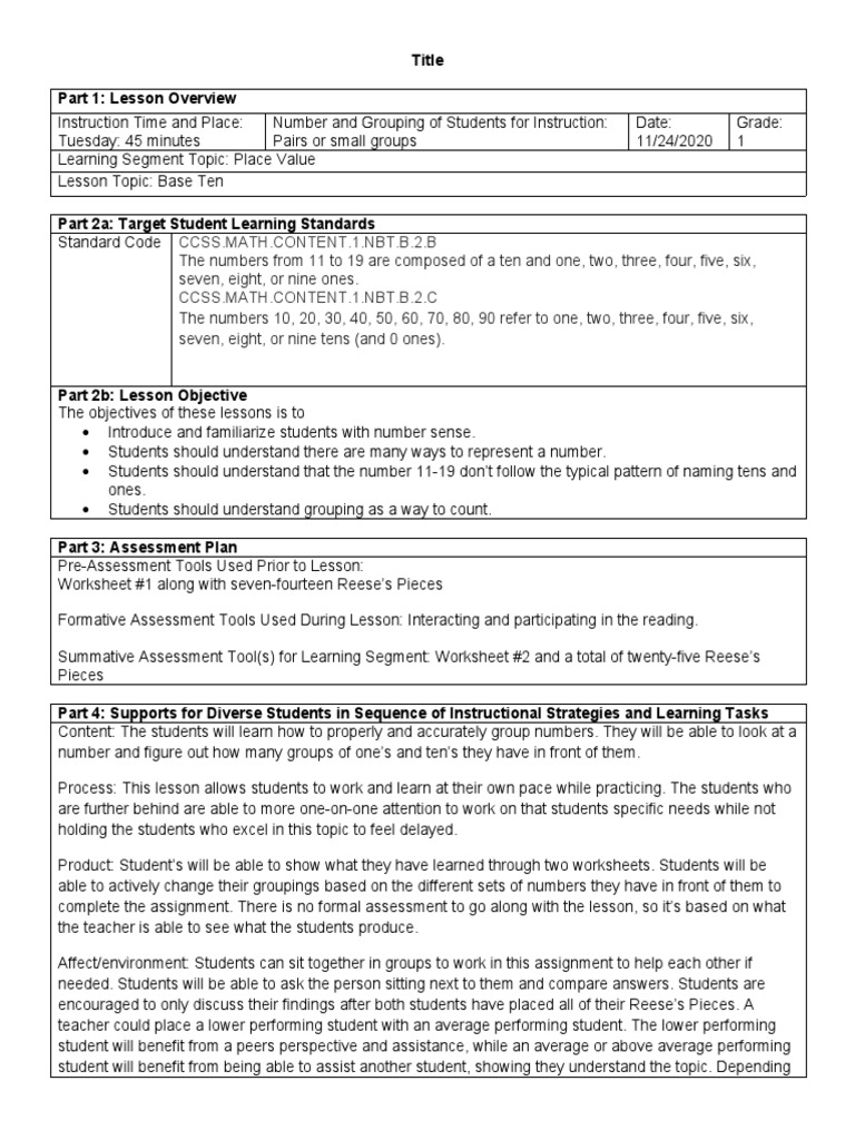 Lesson Plan Template Elementary Education Edtpa 1 | PDF | Worksheet ...
