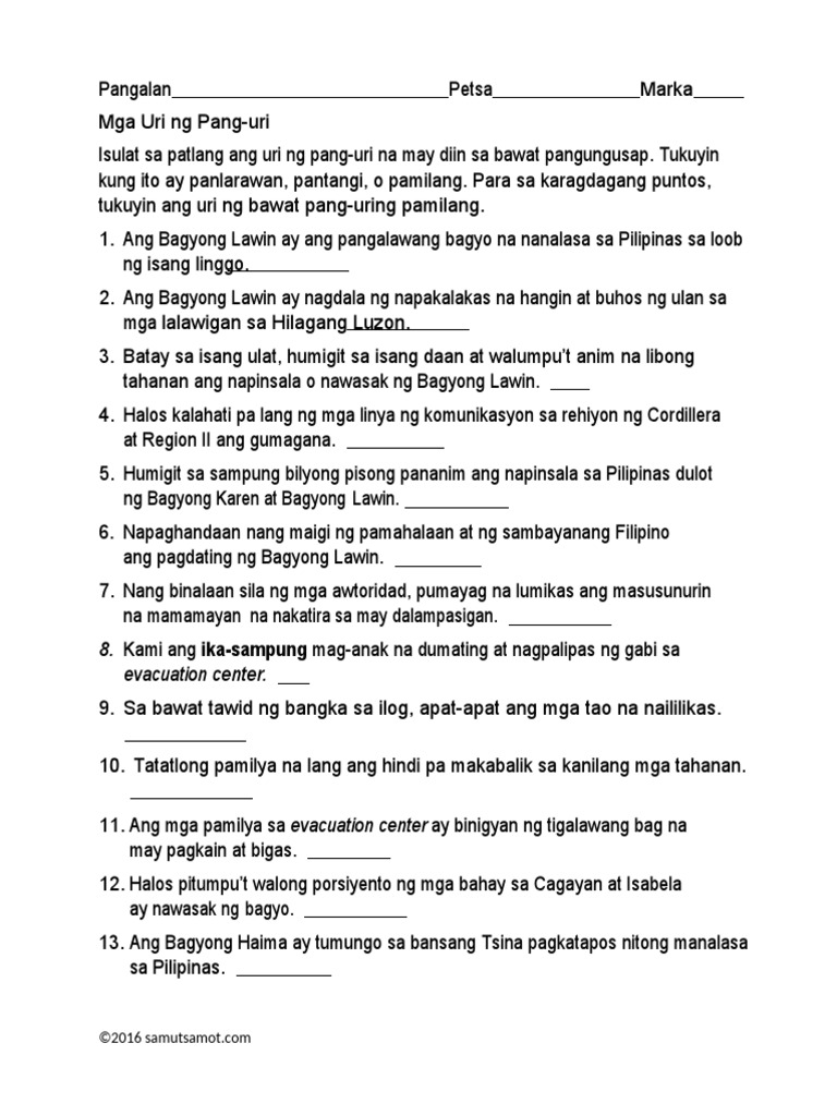 Mga Uri NG Pang Uri Worksheet 1 | PDF