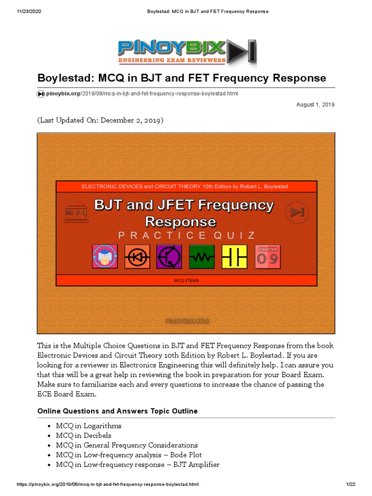 Boylestad - MCQ in BJT and FET Frequency Response | PDF | Decibel ...