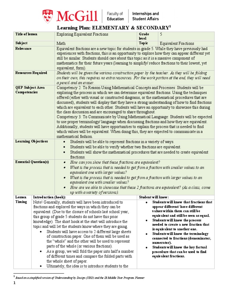Equivalent Fractions Activity Plan | PDF | Fraction (Mathematics ...