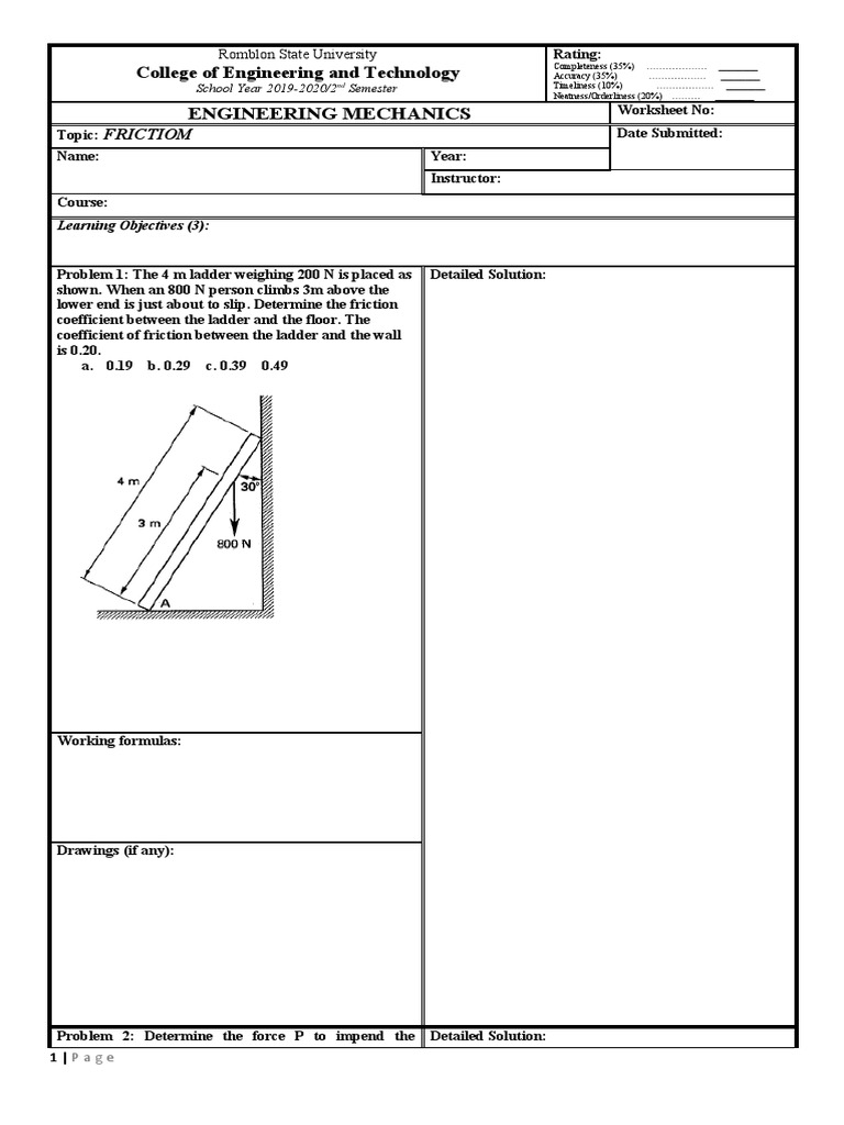 EngMech - Worksheet 1 | PDF