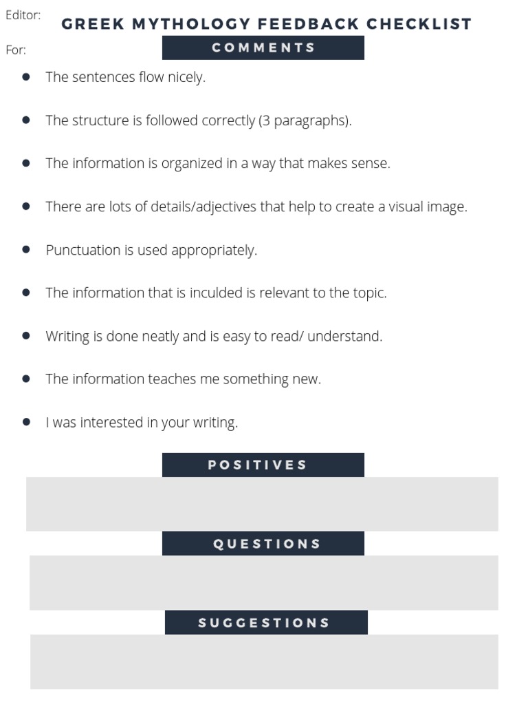 Greek Mythology Peer Edit Checklist | PDF