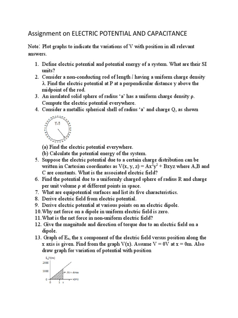 Assignment On ELECTRIC POTENTIAL AND CAPACITANCE | PDF | Capacitor | Electric Field