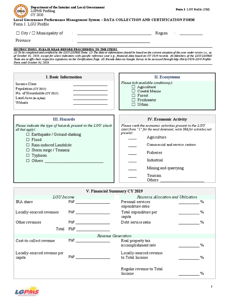 Annex B Form 1 LGU ProfileCM - 090220 | PDF | Natural Disasters ...