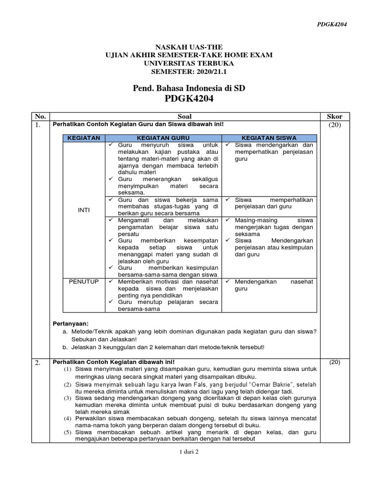 SOAL UAS UT PDGK 4204 Pendidikan Bahasa Indonesia | PDF