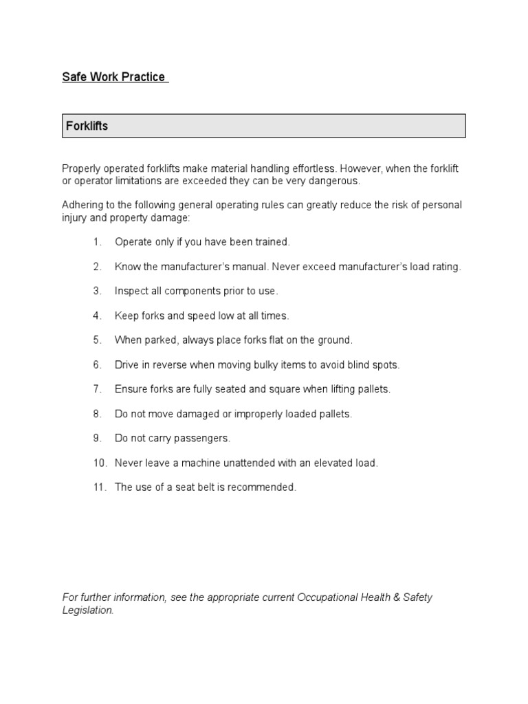 Safe Work Practice: For Further Information, See The Appropriate ...