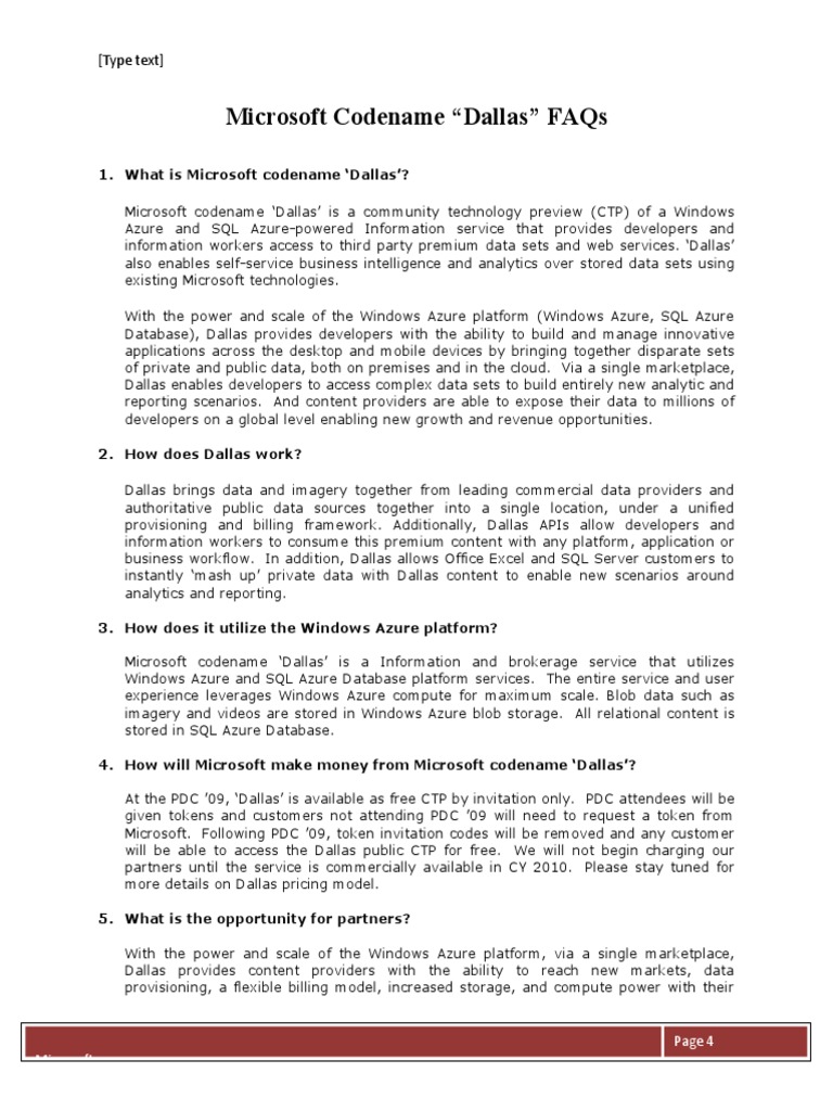 Microsoft Codename Dallas - FAQs | PDF | Microsoft Azure | Microsoft