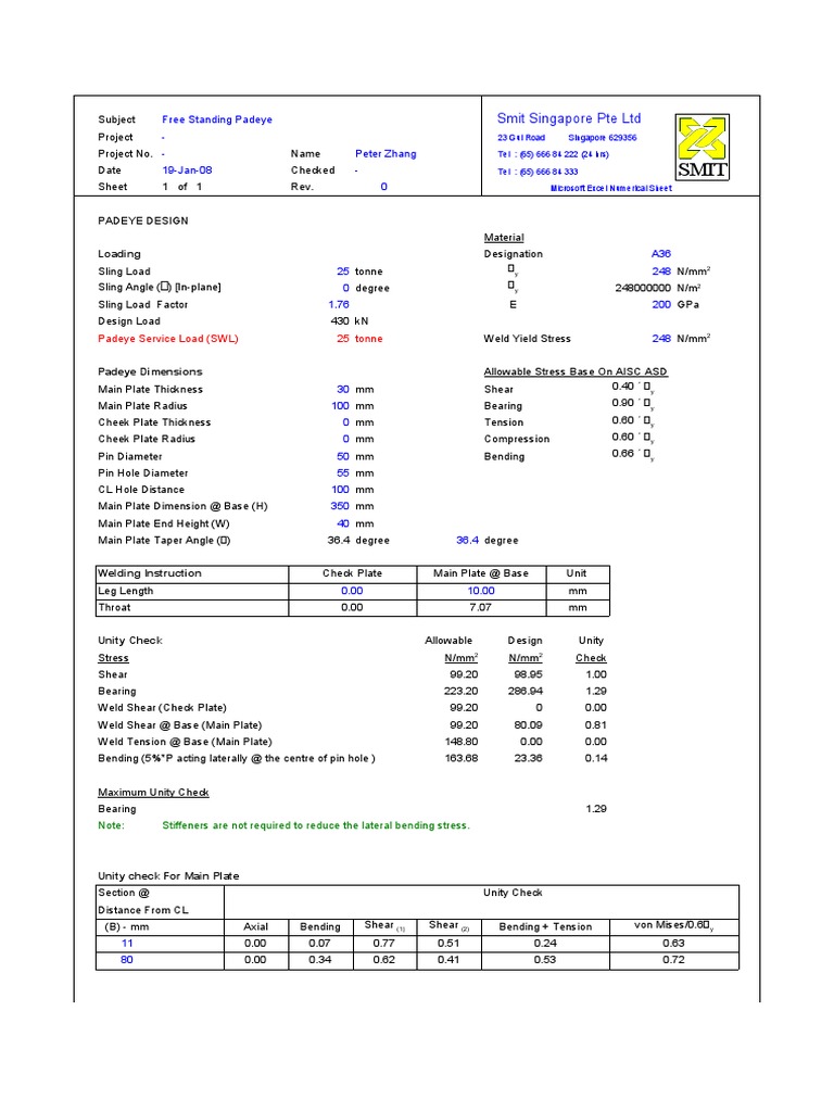 Smit Singapore Pte LTD: Free Standing Padeye - Peter Zhang 19-Jan-08 - 0 | PDF | Bending | Yield ...
