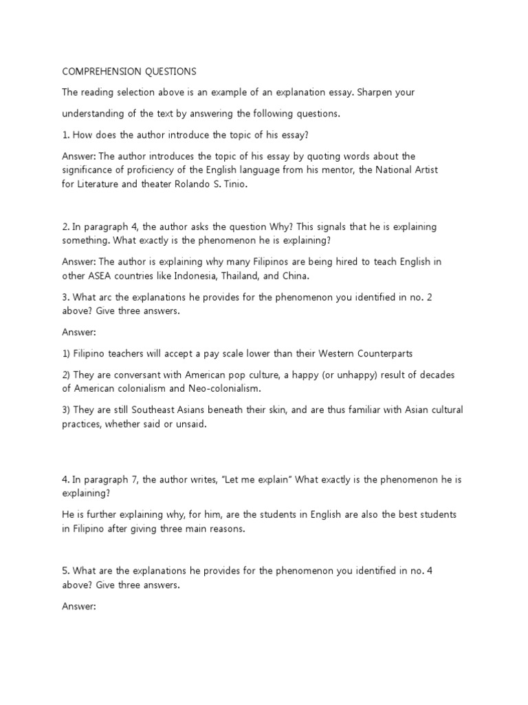 Comprehension Questions-Prewriting Answer | PDF | Essays | Reading ...