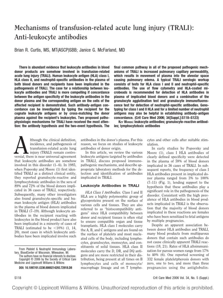 Mechanisms of Transfusion-Related Acute Lung Injury (TRALI) : Anti ...