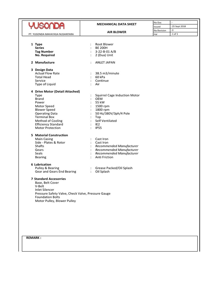 Mechanical Data Sheet Air Blower: Pt. Yusonda Mahayasa Nusantara | PDF