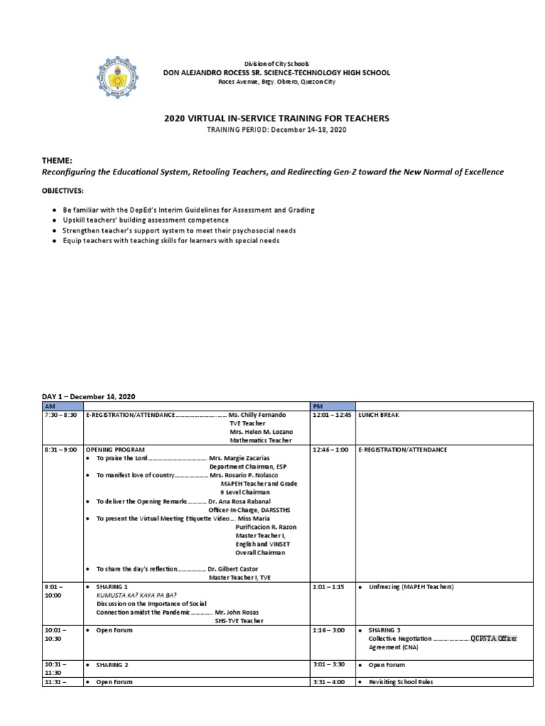 2020 Virtual In-Service Training For Teachers: Don Alejandro Rocess Sr ...