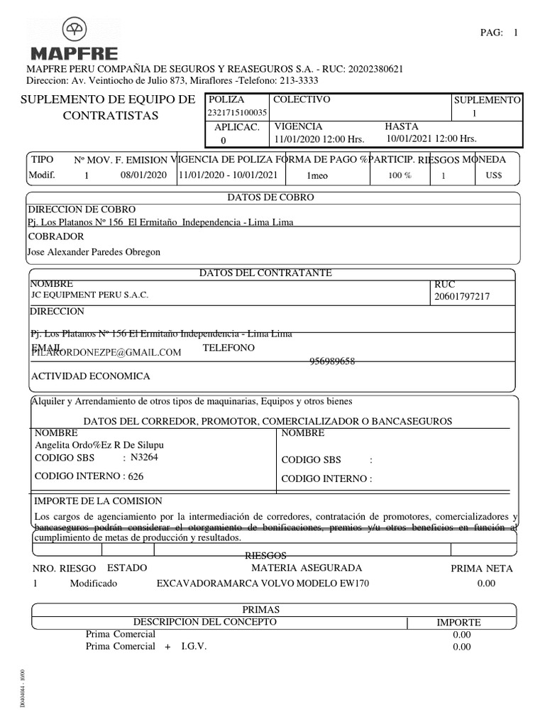 Poliza de Seguro Trec - Excavadora Volvo Ew 170 | PDF | Póliza de seguros | Reaseguro