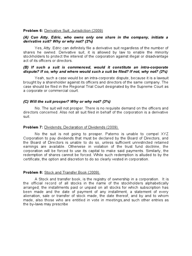 Problem 6: Derivative Suit Jurisdiction (2009) | PDF