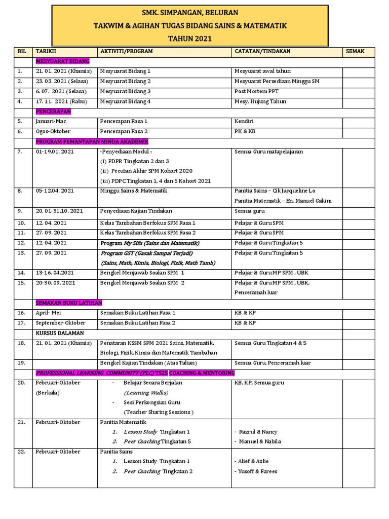 Takwim 2021 Bidang Sains Dan Math | PDF