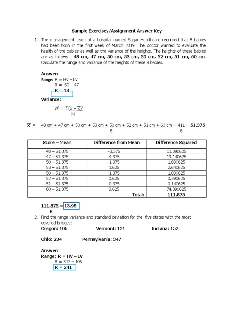 Range and Variance Sample Problem | PDF | Variance | Analysis