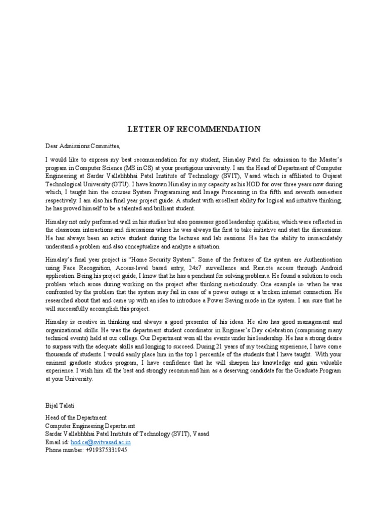 Letter of Recommendation: Hod - Ce@svitvasad - Ac.in | PDF | System | Graduate School