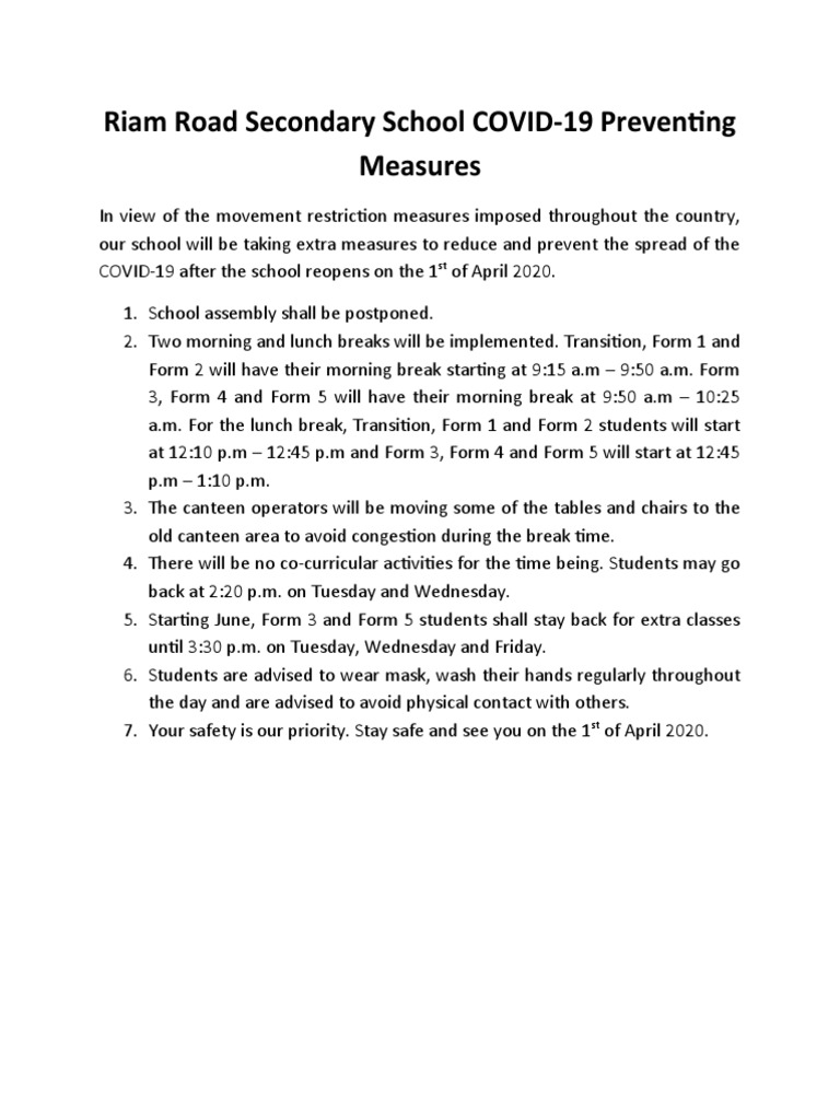 Riam Road Secondary School COVID | PDF | Lifestyle