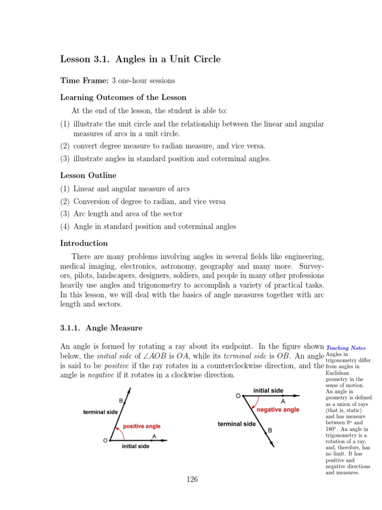 Lesson 3.1. Angles in A Unit Circle: Teaching Notes | PDF | Angle ...