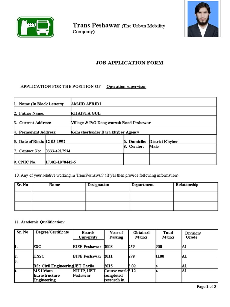 Trans Peshawar: Job Application Form | PDF | Educational Stages | Qualifications