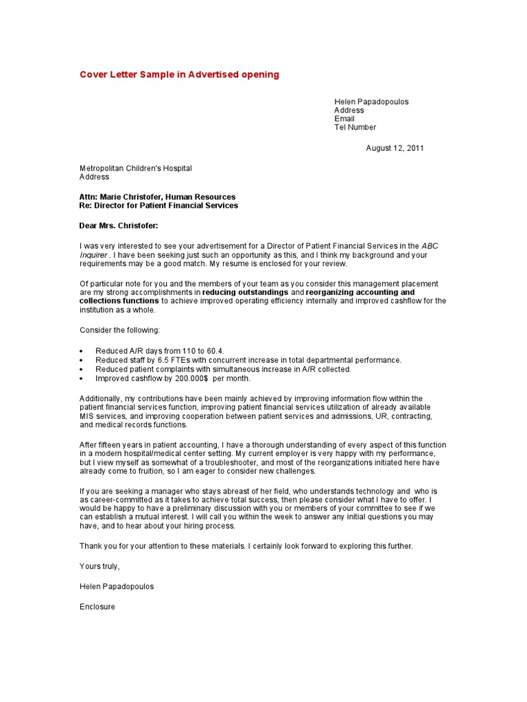 Cover Letter Sample in Advertised Opening | PDF | Business