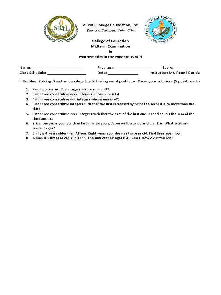 College Of Education Midterm Examination In Mathematics In The Modern World Pdf