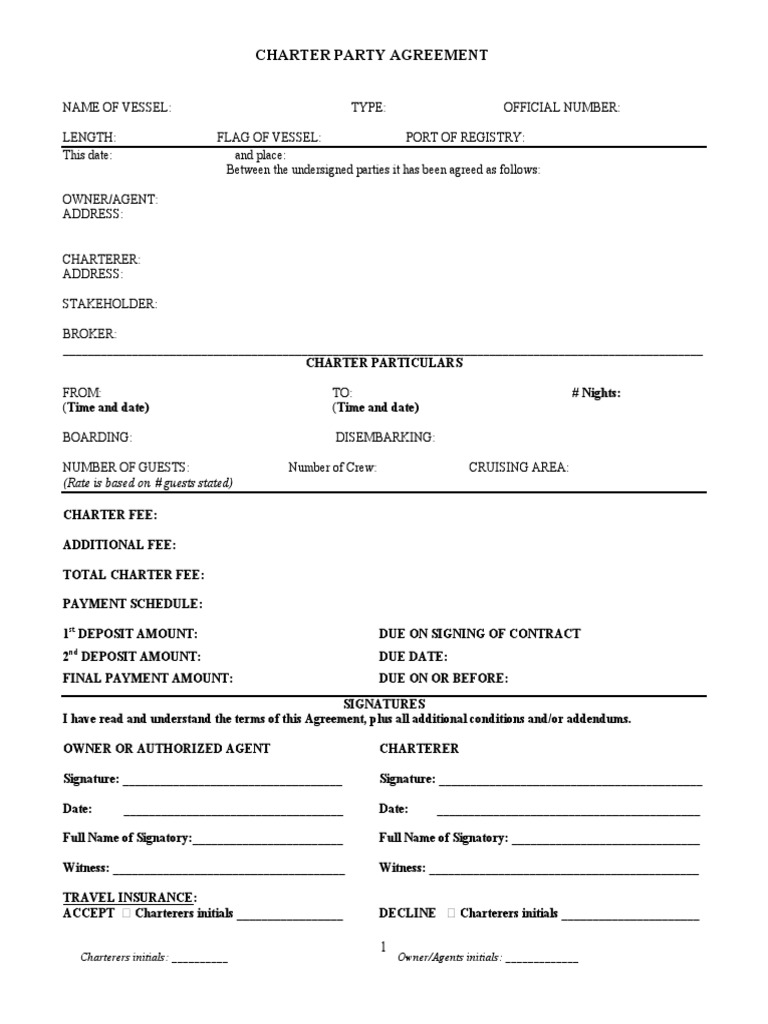 Charter Party Agreement: (Rate Is Based On # Guests Stated) | PDF ...
